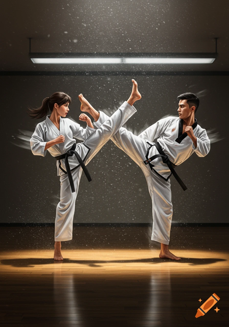 Two martial artists, a man and a woman, in white uniforms and black belts, perform high kicks in ...