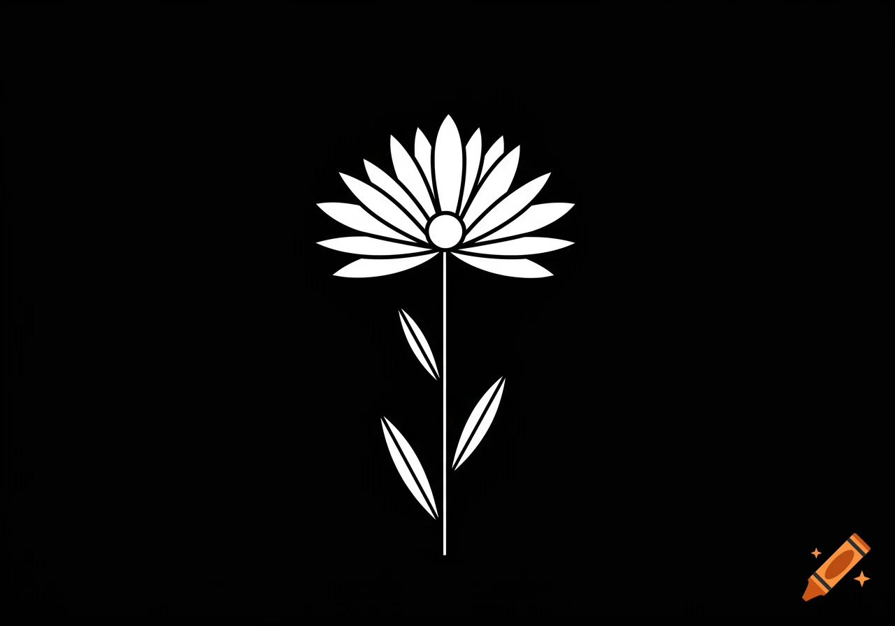 A minimalist black and white illustration of a single flower, rendered with basic geometric ...