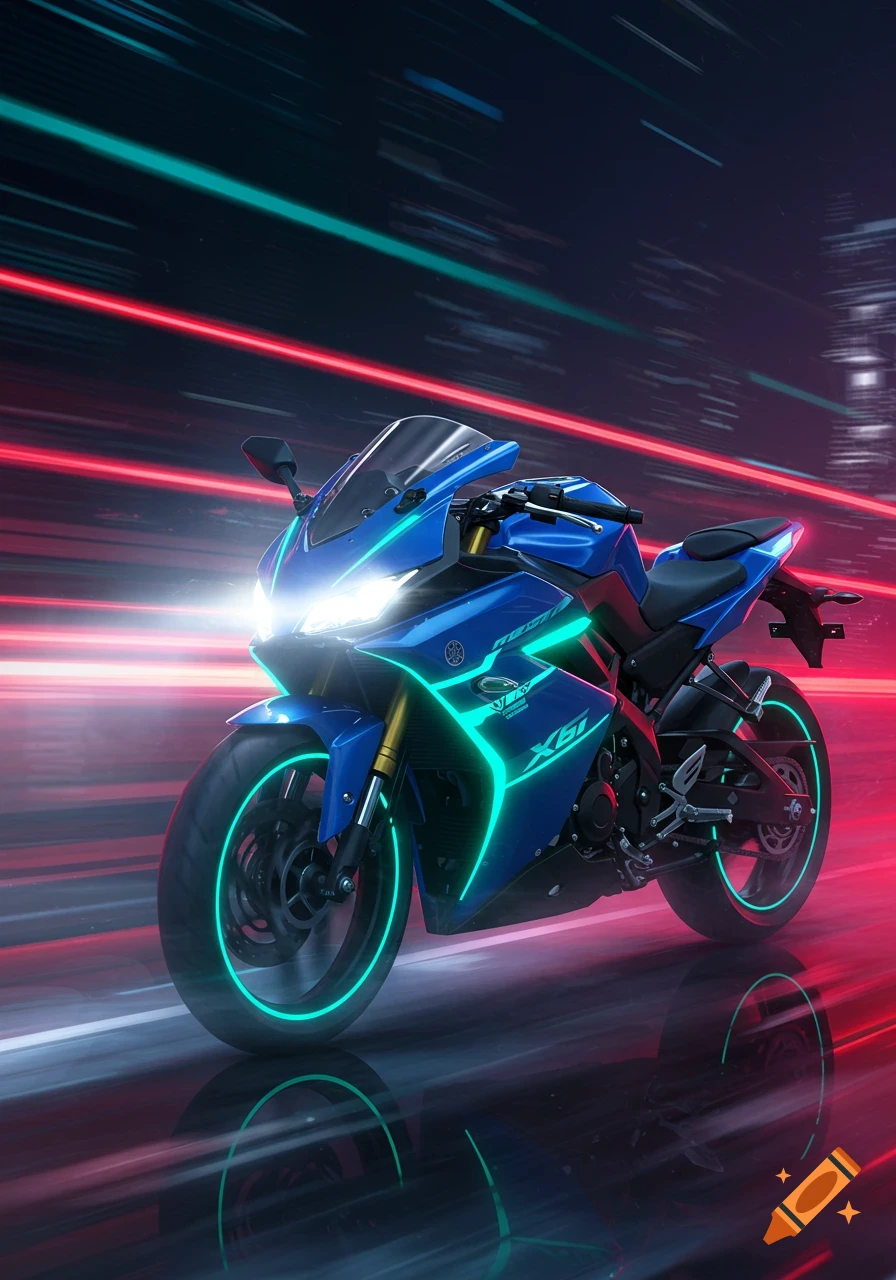 A dynamic blue sport motorcycle with neon green accents and bright ...