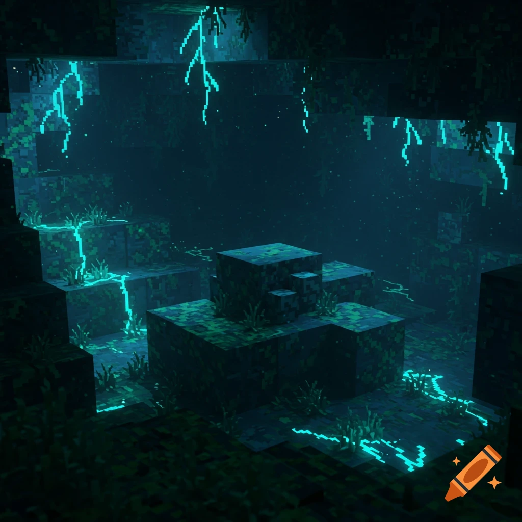 Dark, blocky Minecraft-style cave with glowing blue sculk tendrils and ...