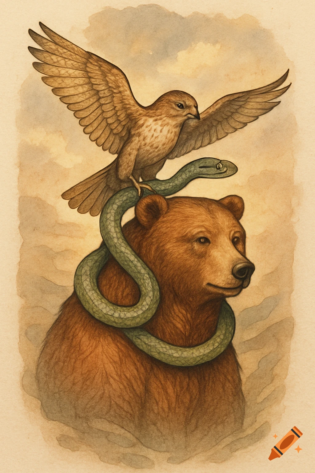 A marten with a golden chest and dark fur artistically intertwined with ...