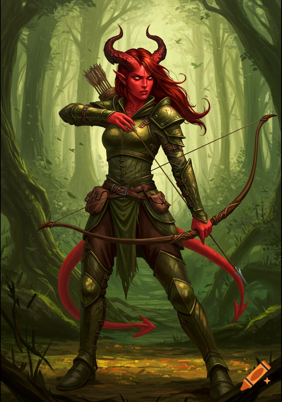 A female tiefling warlock with red skin, horns, and a tail, in a dark ...