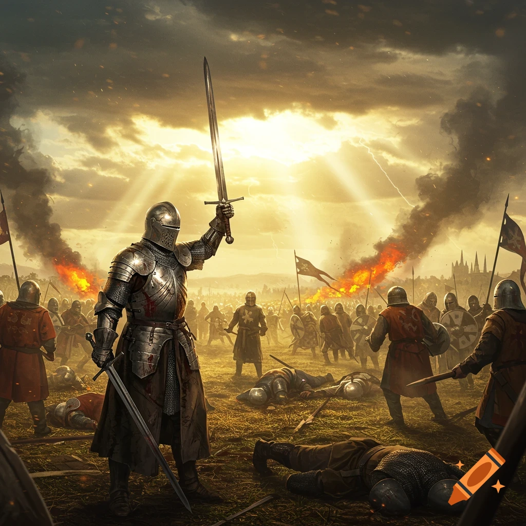 A grim armored warrior with a sword and a shield marked 'NAS' stands ...