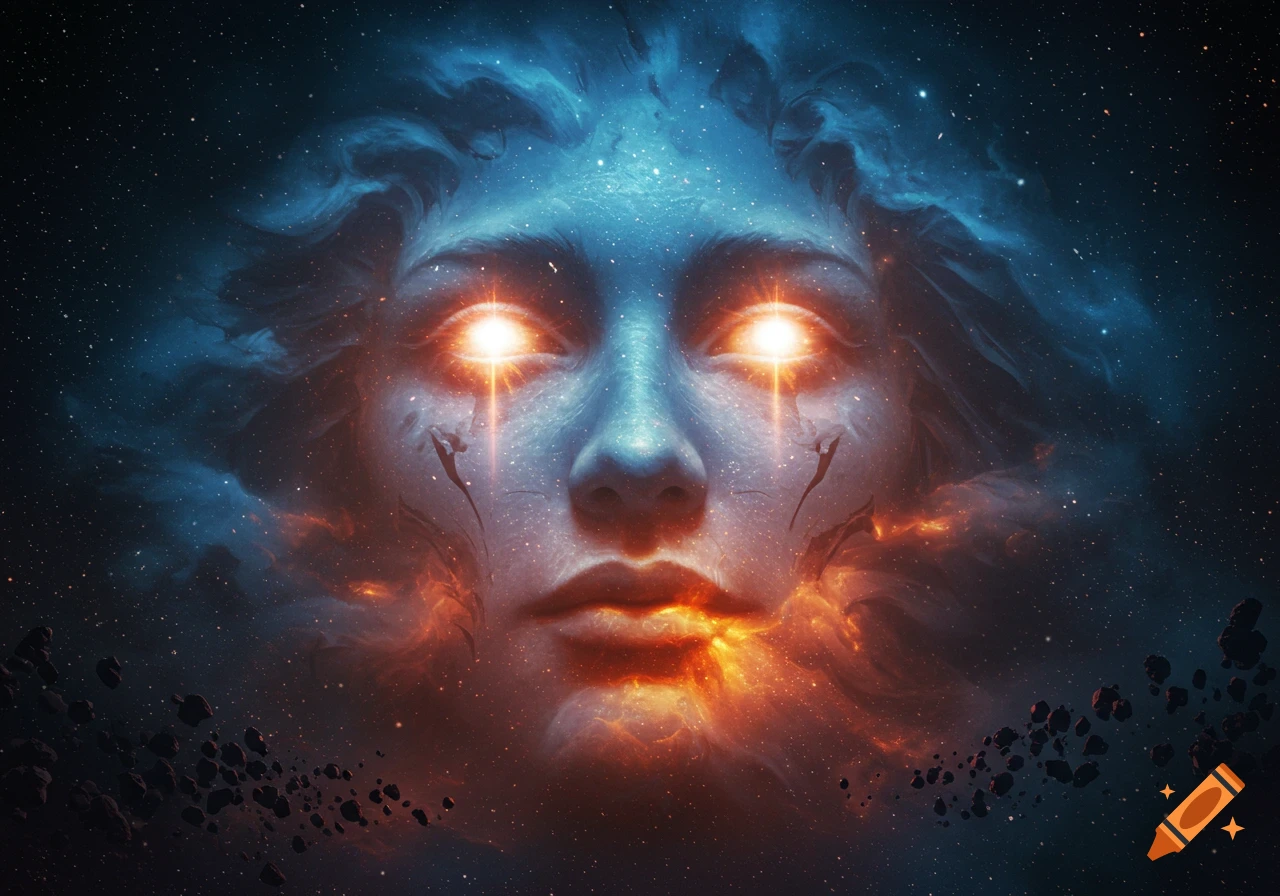 A stylized bald head with glowing eyes cries streams of glittery light ...