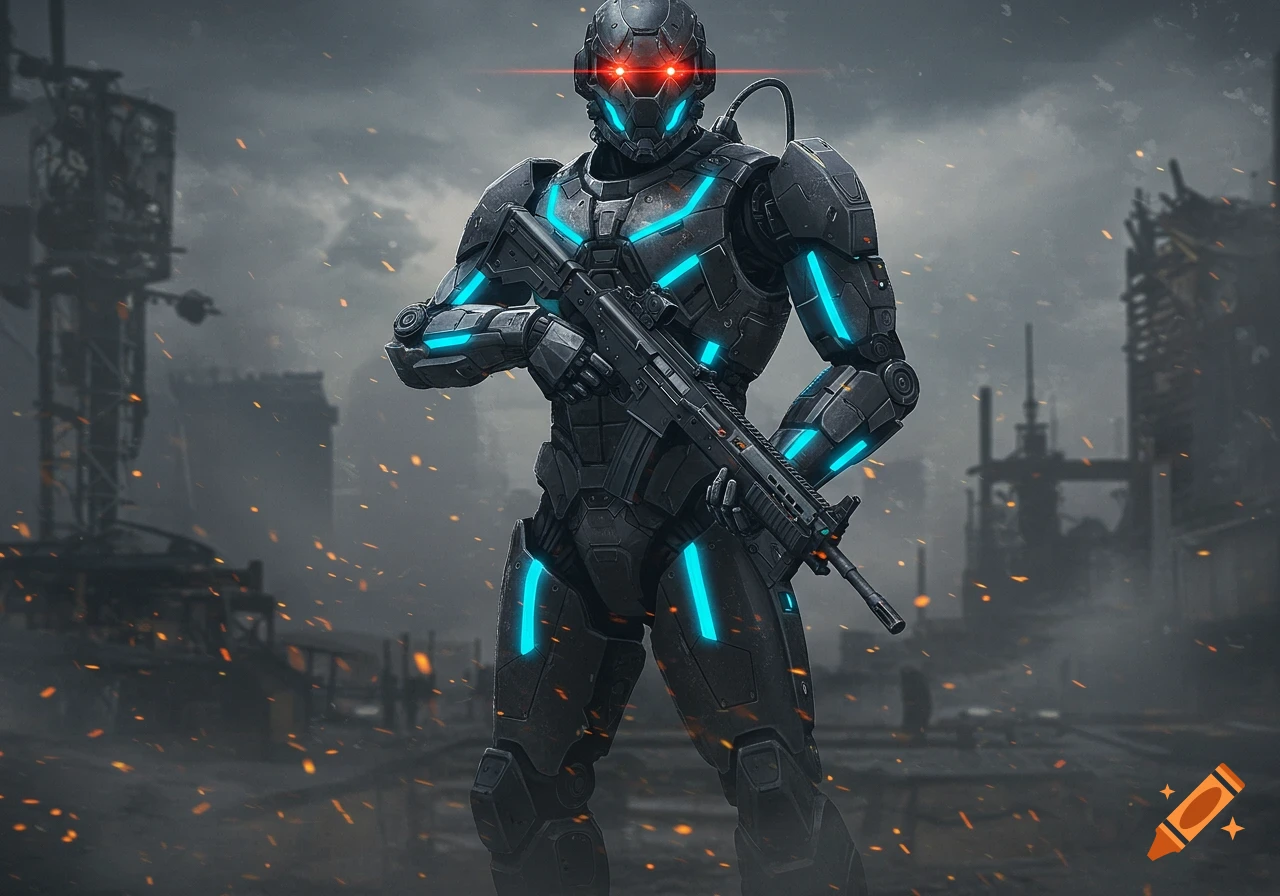 Humanoid combat robot in dark modern armor with glowing blue accents ...