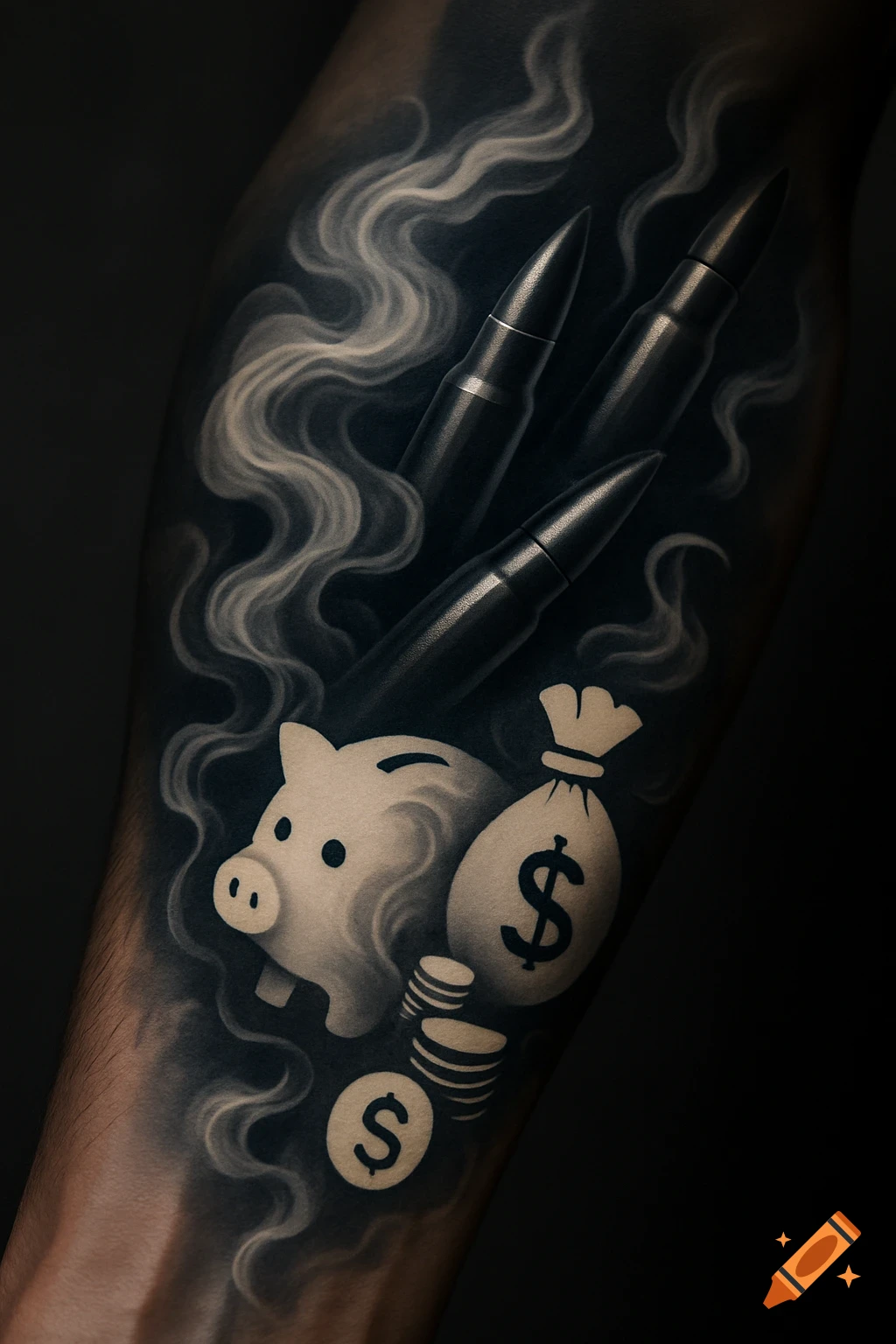 A detailed grayscale tattoo on an arm features bullets, a piggy bank ...