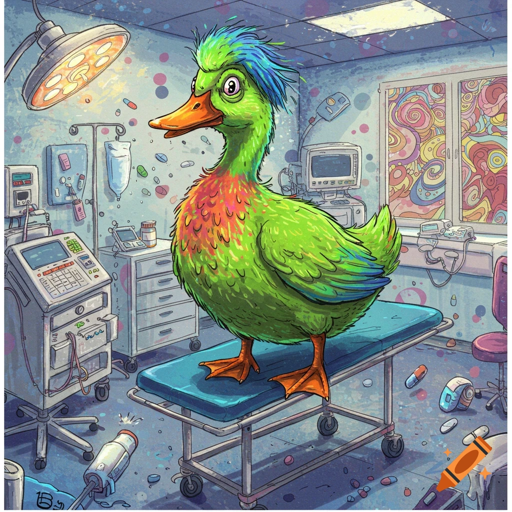 A vibrant green, punk-rock duck with blue hair stands on a gurney in a ...