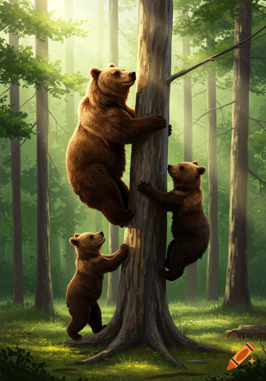 Three brown bears climb a sunlit tree in a vibrant green forest ...