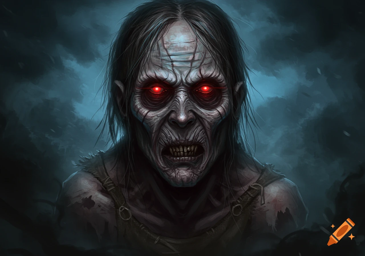 Close-up of a snarling, inhuman face with glowing blue eyes and sharp ...