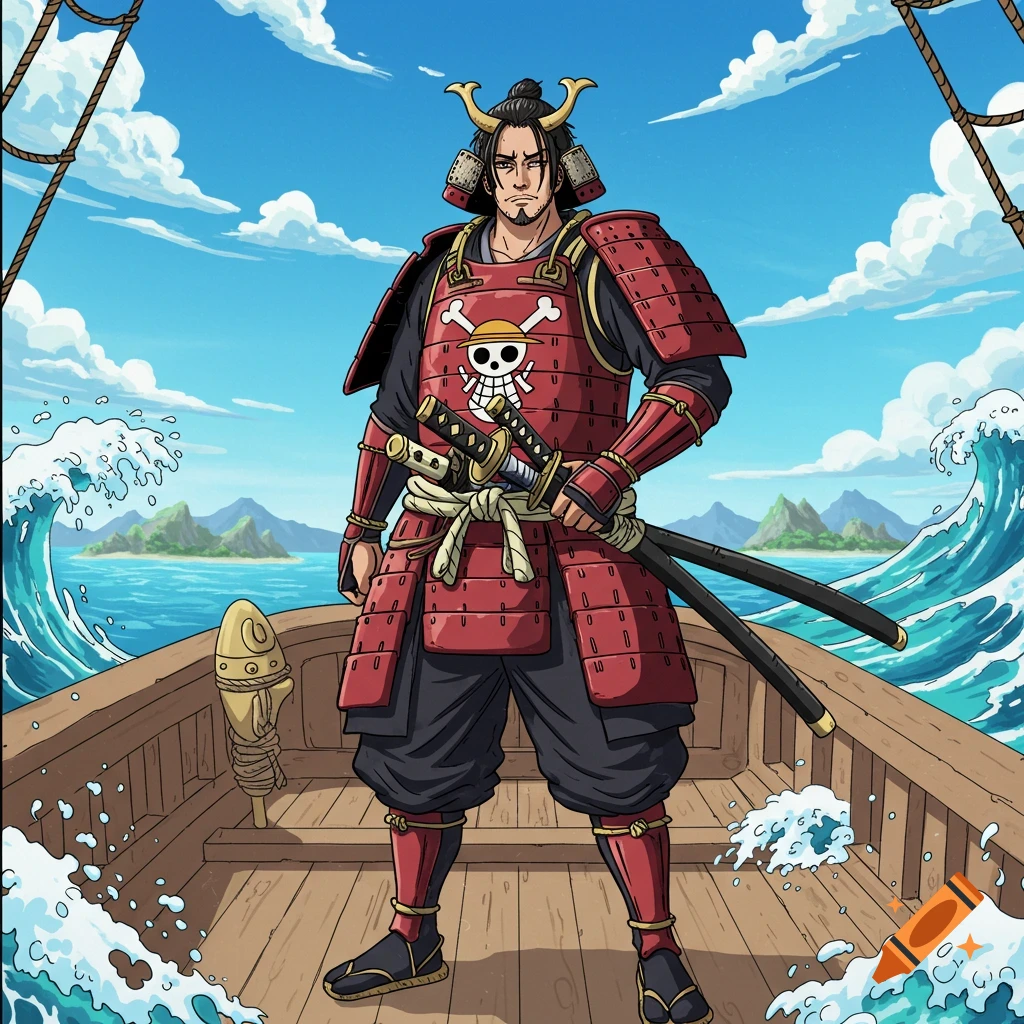 Anime-style samurai in red armor with a skull logo, holding katanas on ...