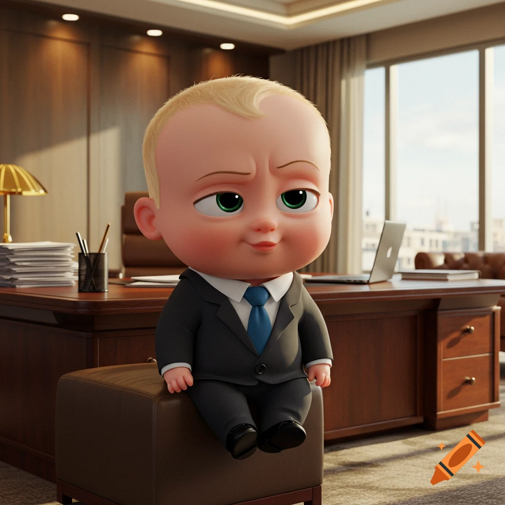 A 3D animated Boss Baby character sits on an ottoman in a modern office ...