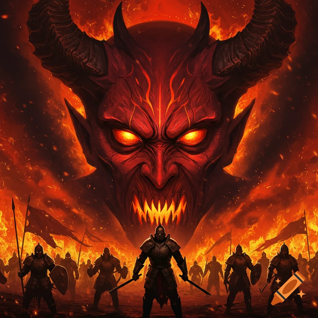 Giant red devil's face with glowing eyes watches an army of armored ...