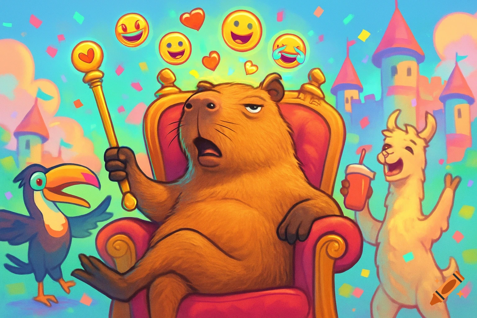 A colorful cartoon shows a bored capybara king on a throne, holding a ...
