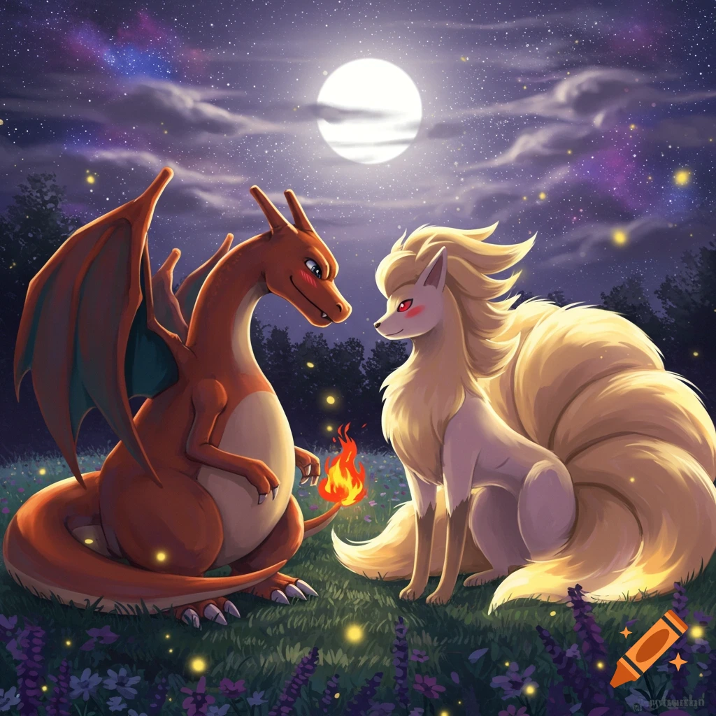 A red Charizard and a cream Ninetales look at each other in a moonlit ...