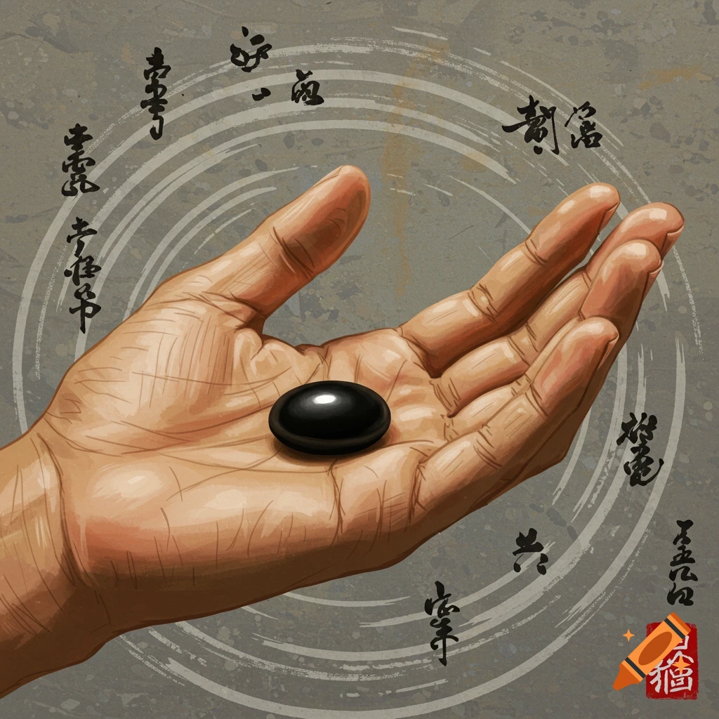 A stylized illustration of an open hand holding a black Go stone ...