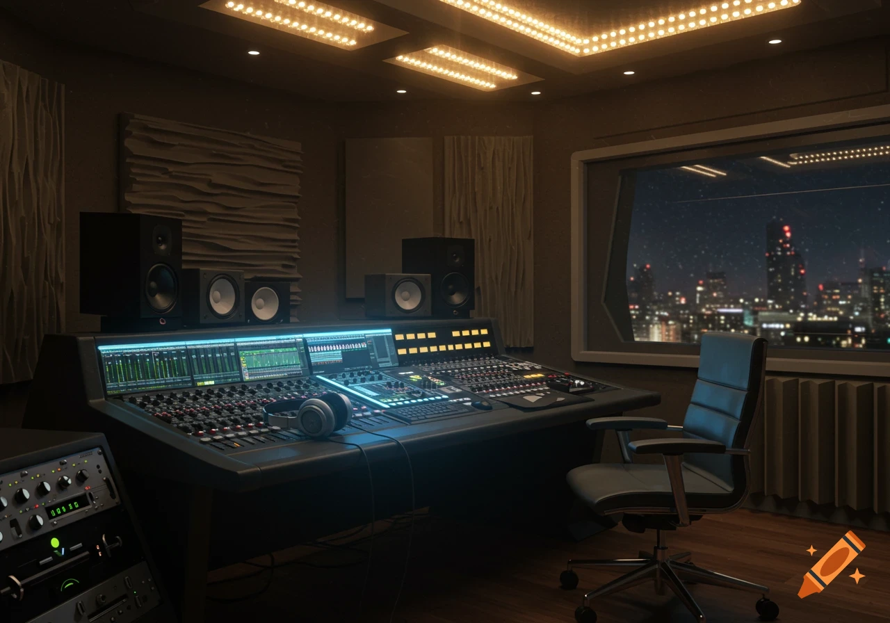 A modern music recording studio at night, with a large mixing console ...