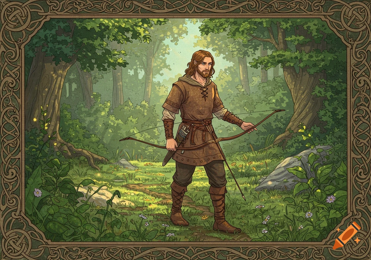 A medieval hunter, a bearded man in a brown tunic, stands with a bow in ...