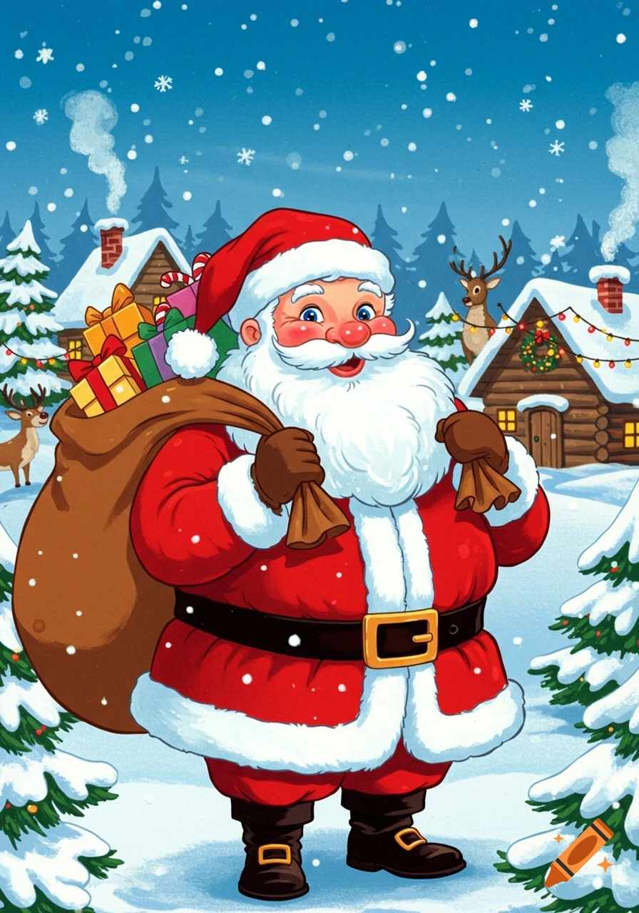 A joyful cartoon Santa Claus carrying a sack of presents in a snowy ...