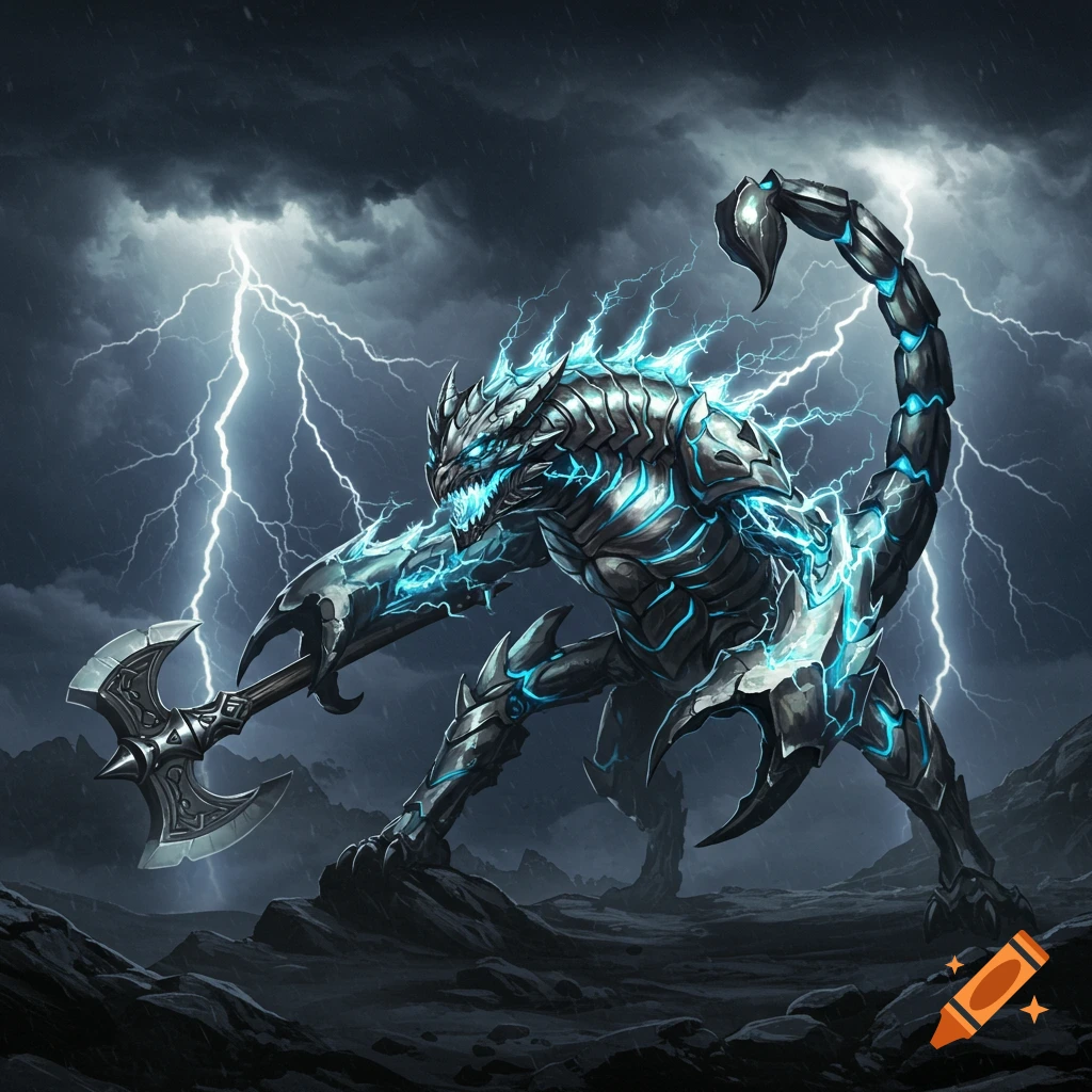 A formidable lightning dragon-scorpion creature holding a battle-axe ...