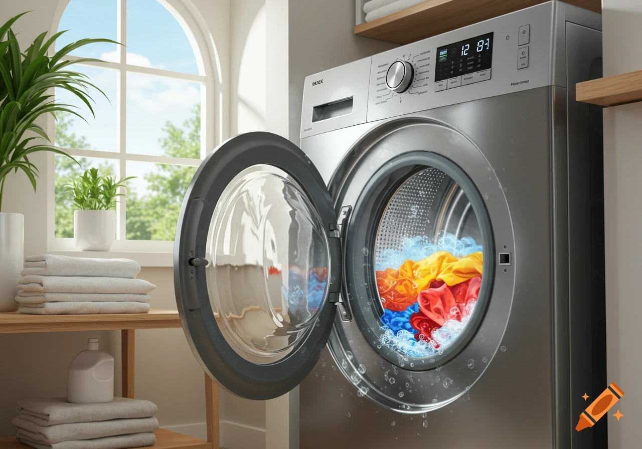 Cartoon illustration of a man happily throwing clothes into a front ...