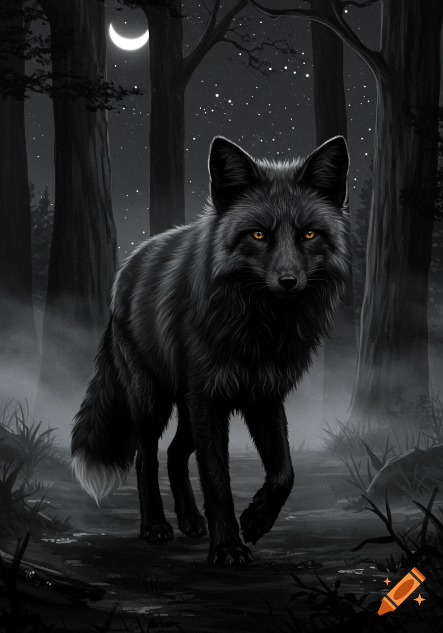 A realistic black fox with glowing orange eyes stands in a dark, misty ...