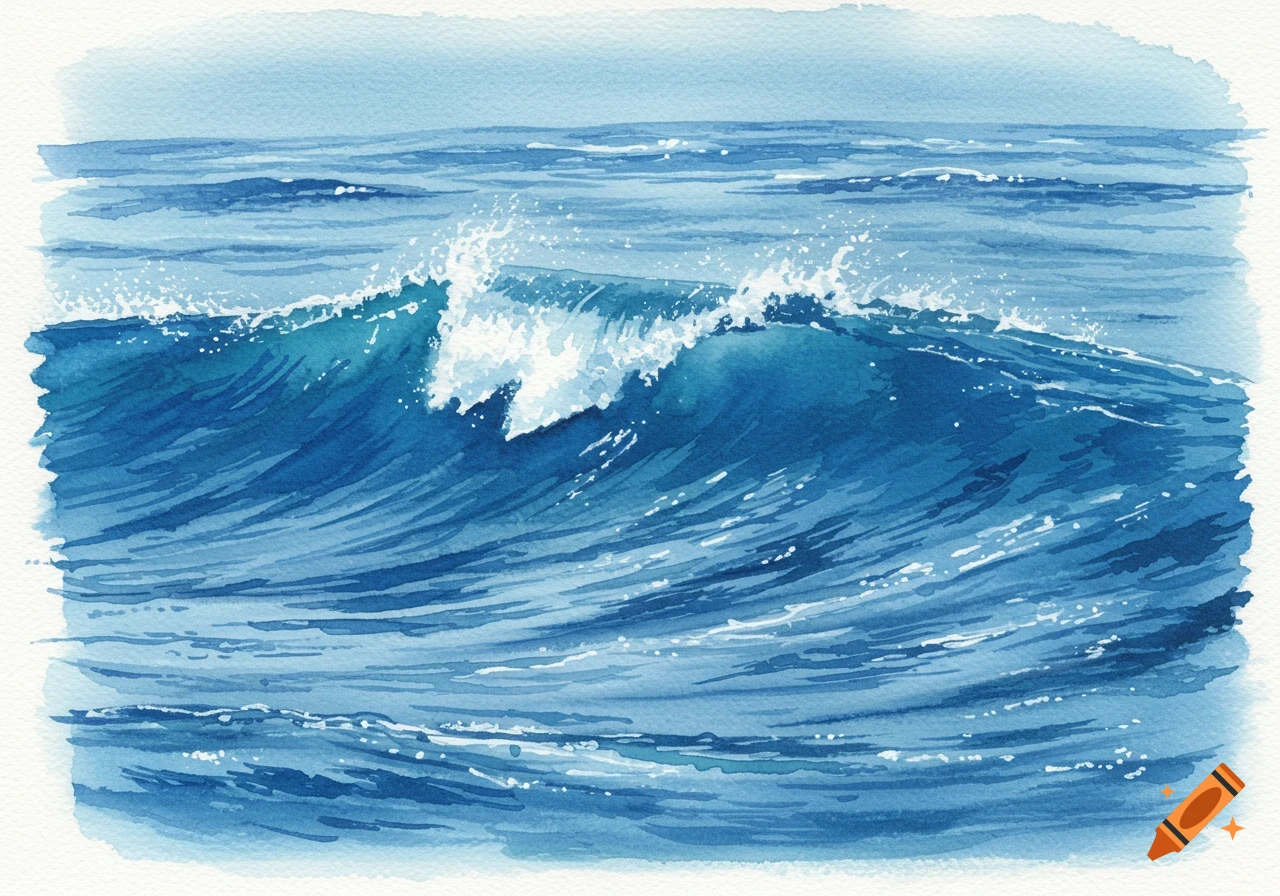 Watercolor painting of deep blue ocean waves with white foamy crests ...