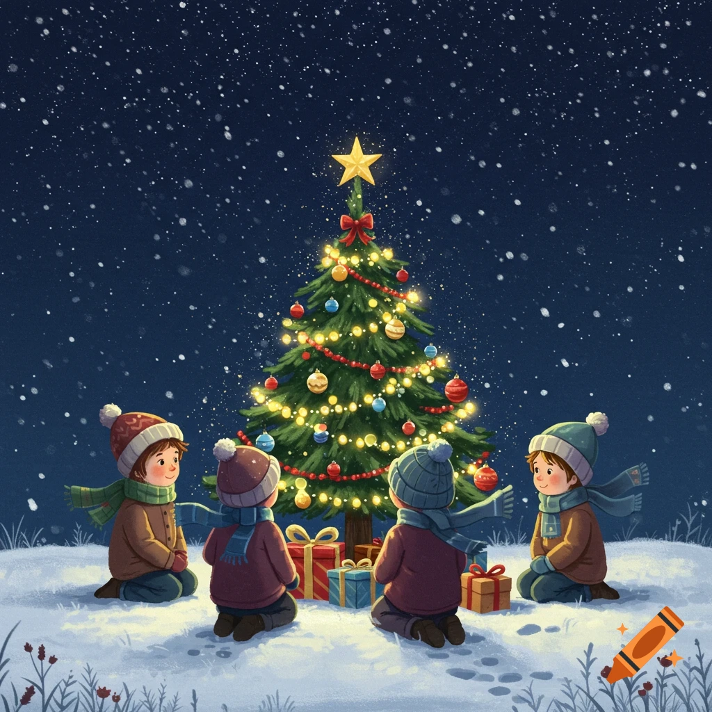 Five women in winter clothes play brass instruments in a snowy forest ...