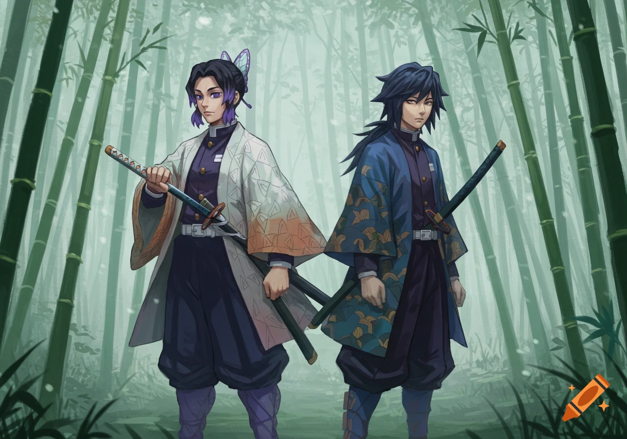 A black-haired anime character, Muichiro, walks through a misty, green ...