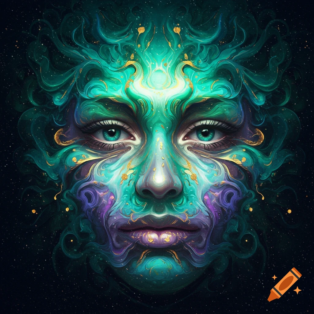 A vibrant abstract portrait of a face made of swirling teal, green ...