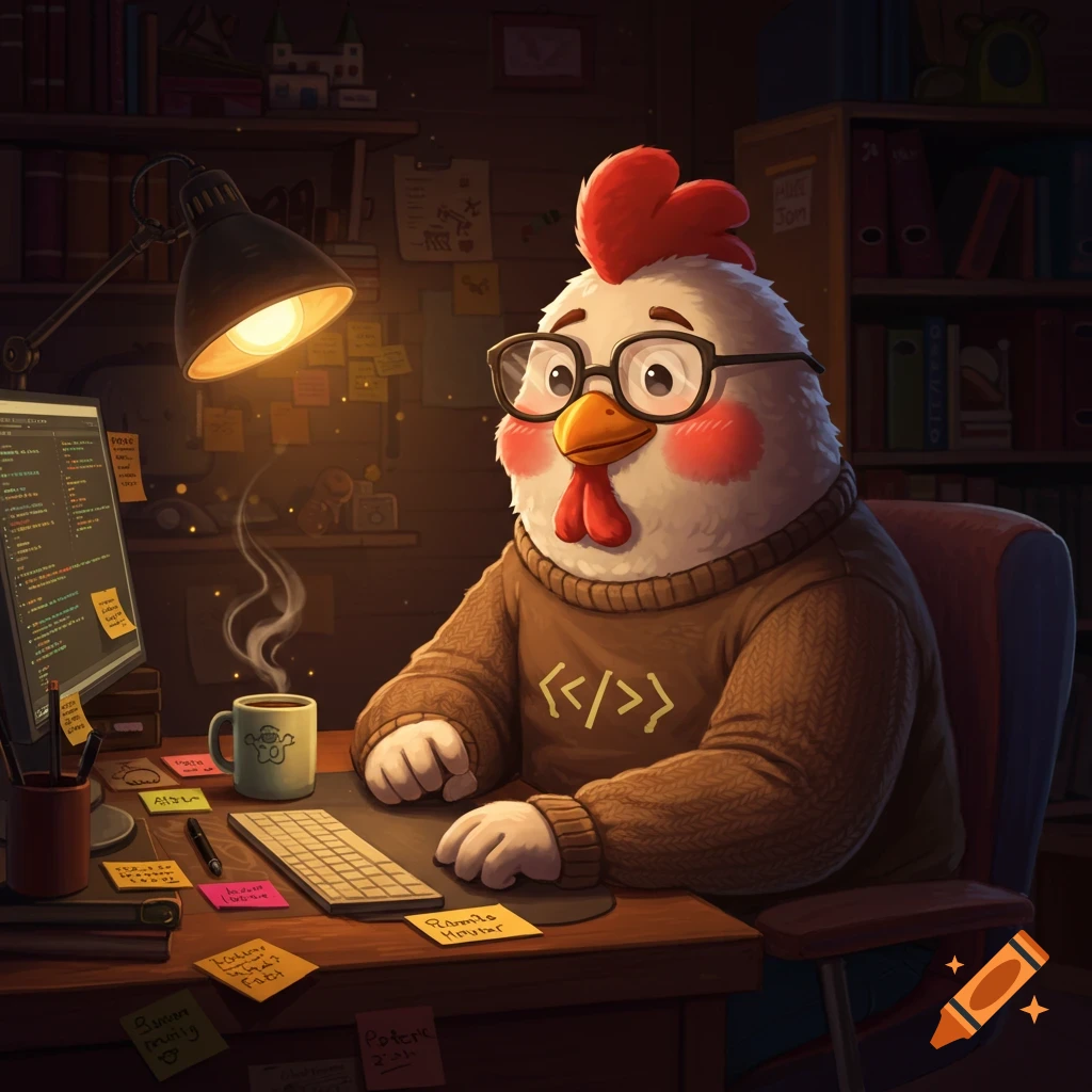 A cute cartoon chicken wearing glasses and a brown sweater with a ...