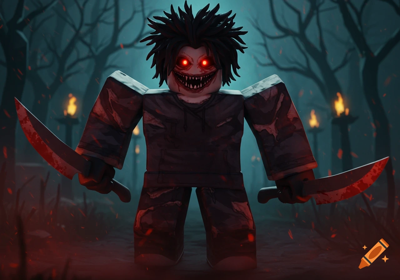A Roblox-style horror slasher character with glowing red eyes, sharp teeth, and dreadlocks ...