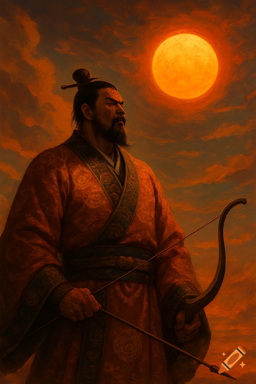 A young boy in traditional nomadic attire, with a bow and quiver ...