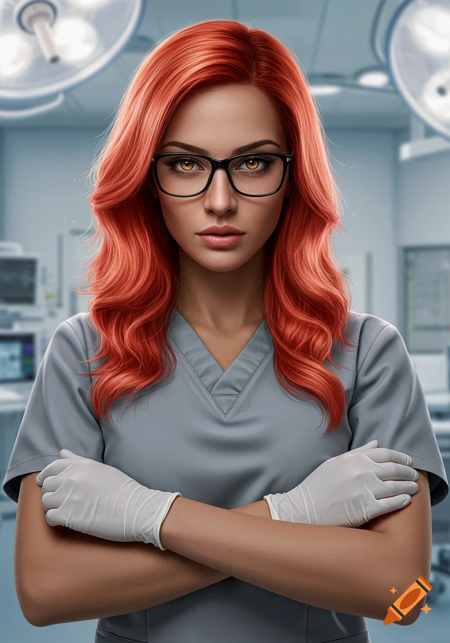 A photorealistic portrait of a red-haired nurse with black glasses and ...