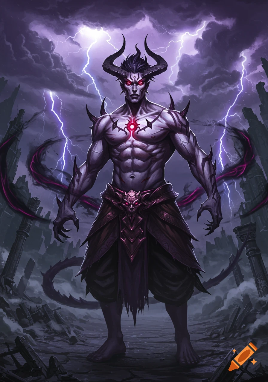 A muscular, horned demon with glowing red eyes stands in a ruined ...