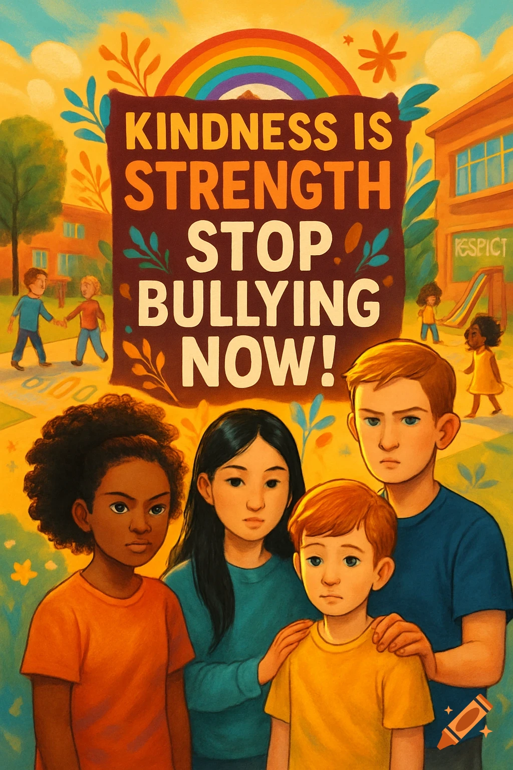 Colorful illustration of a diverse group of children with an anti ...