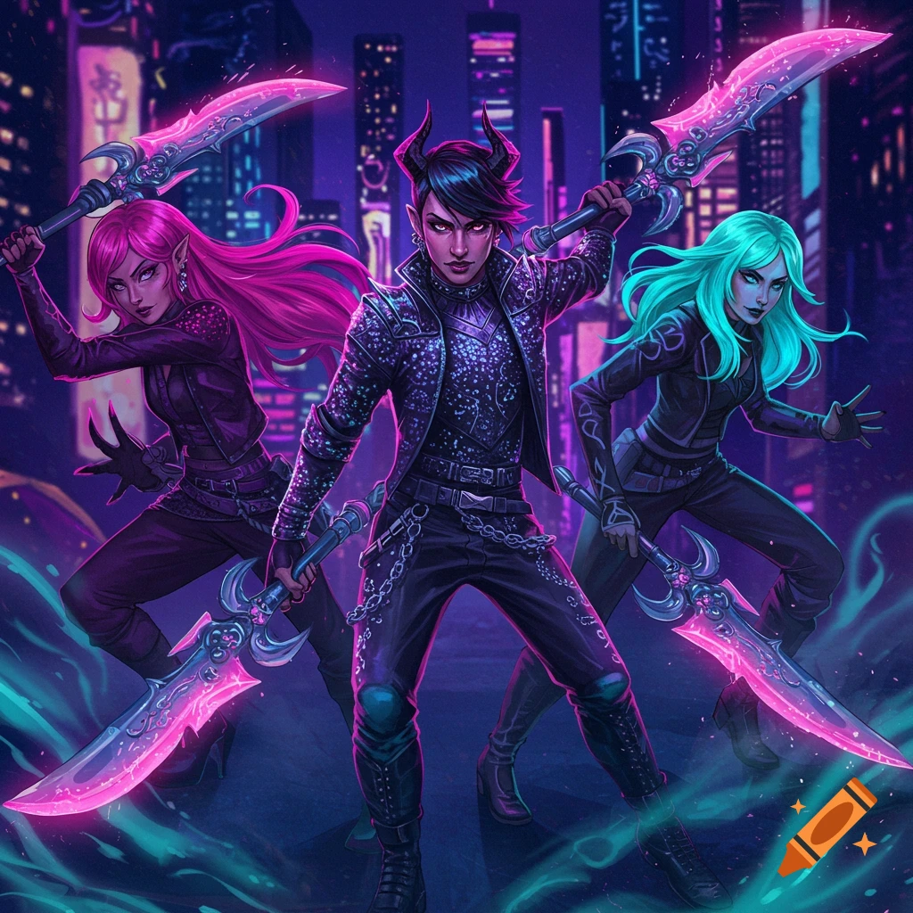 Three stylized demon hunters in dark attire, wielding glowing pink ...