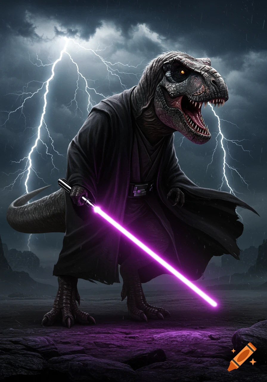A majestic T-rex Sith Lord in black robes wields a purple lightsaber ...