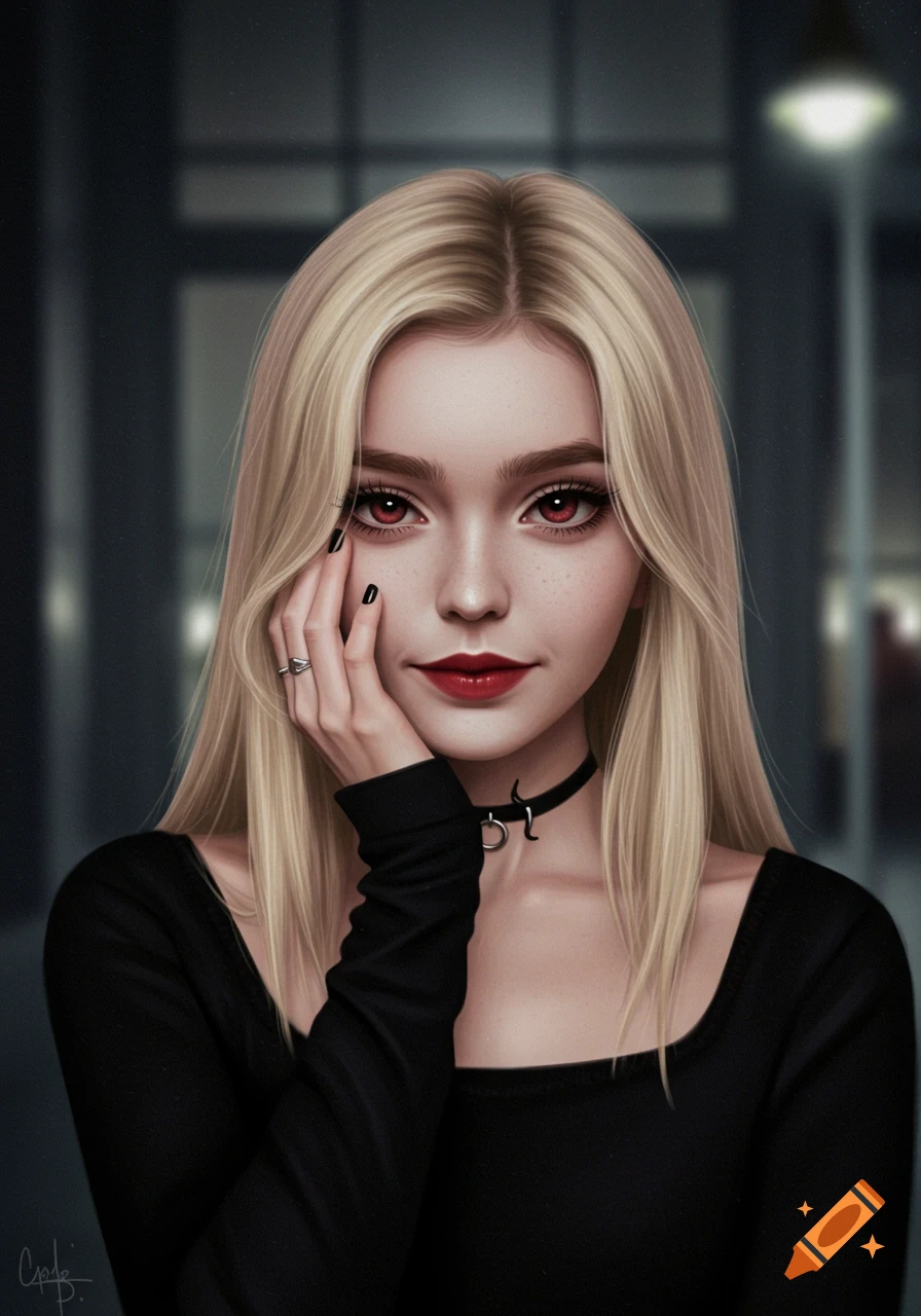 Digital art portrait of a gothic woman with long blonde hair, red eyes ...
