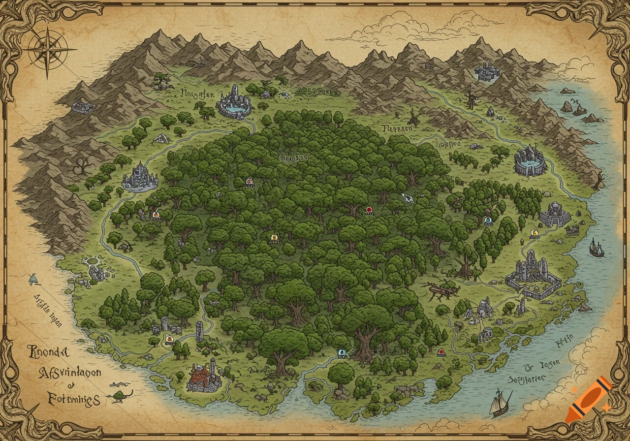 A detailed fantasy world map with a large central forest, mountains ...