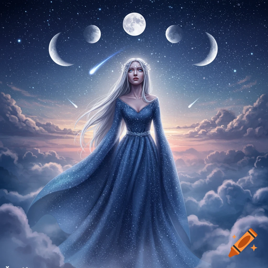 A celestial woman in a sparkling blue gown stands amidst clouds under a ...