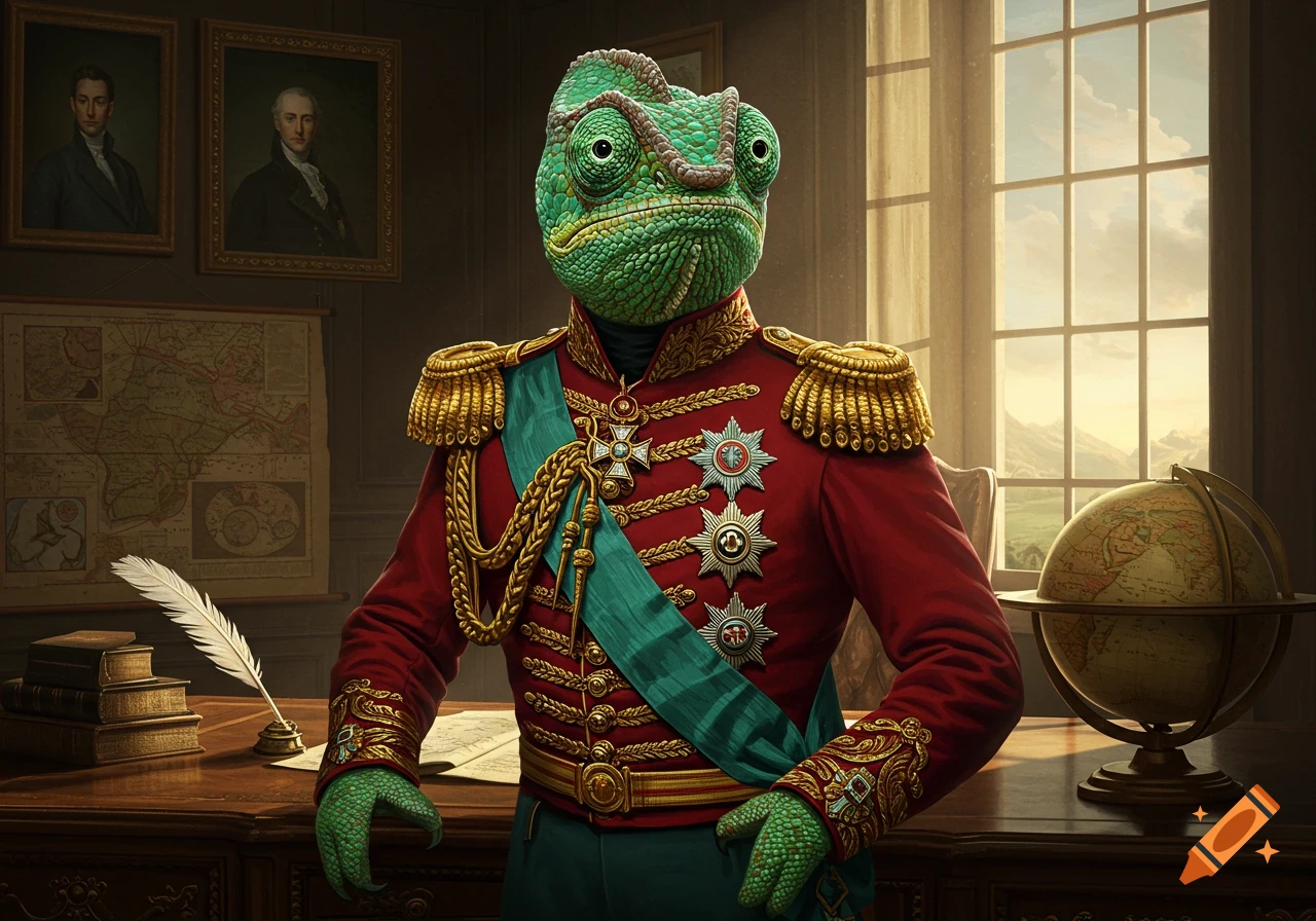 Patrick Star in a blue and gold military uniform with a red sash and ...