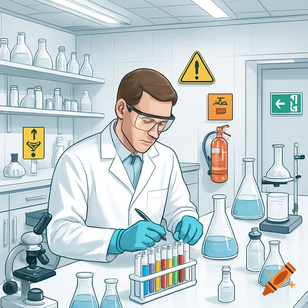 Digital illustration of a scientist in a blue-toned lab, working at a ...