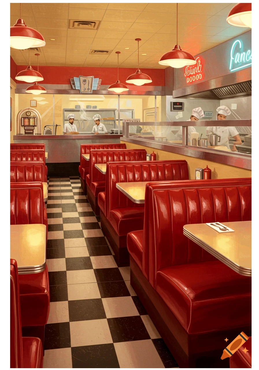 A retro illustrated diner with red booths, a black and white checkered ...