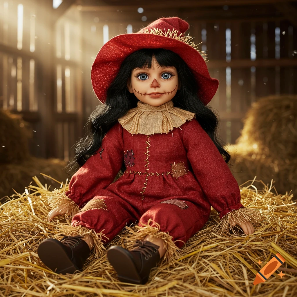 A realistic doll girl wearing a red scarecrow costume with a straw hat ...
