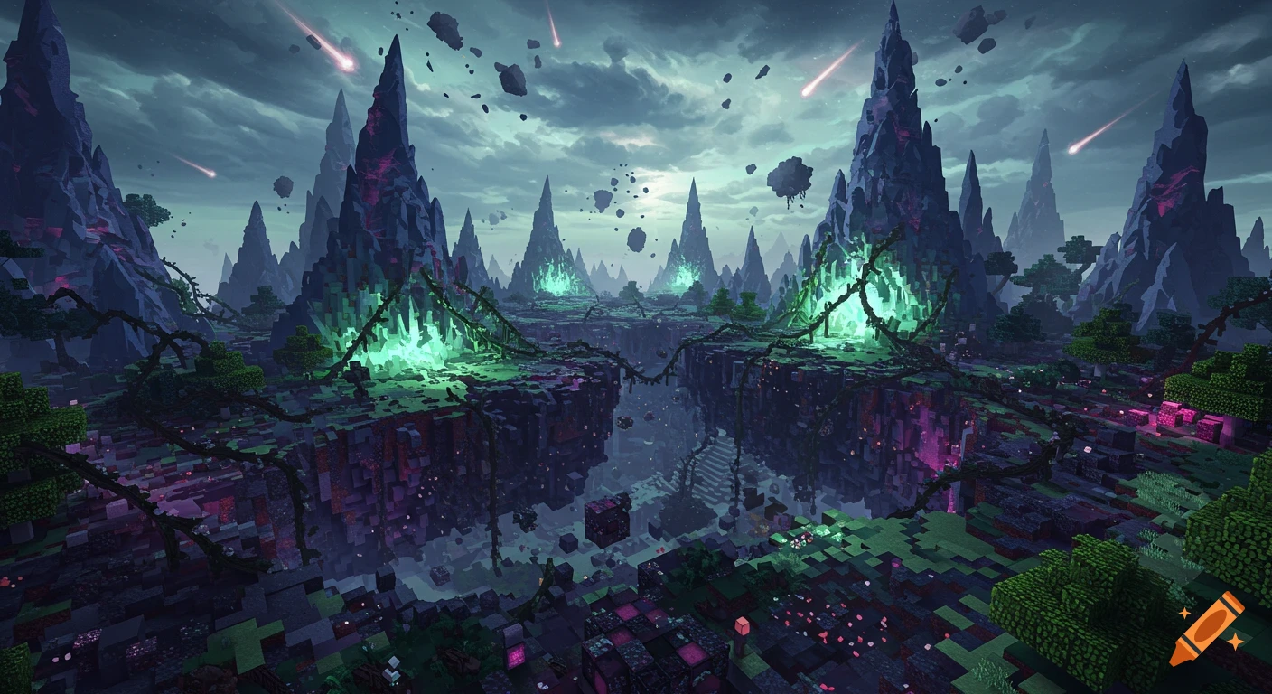 A dark, blocky Minecraft End biome with tall obsidian-like pillars ...