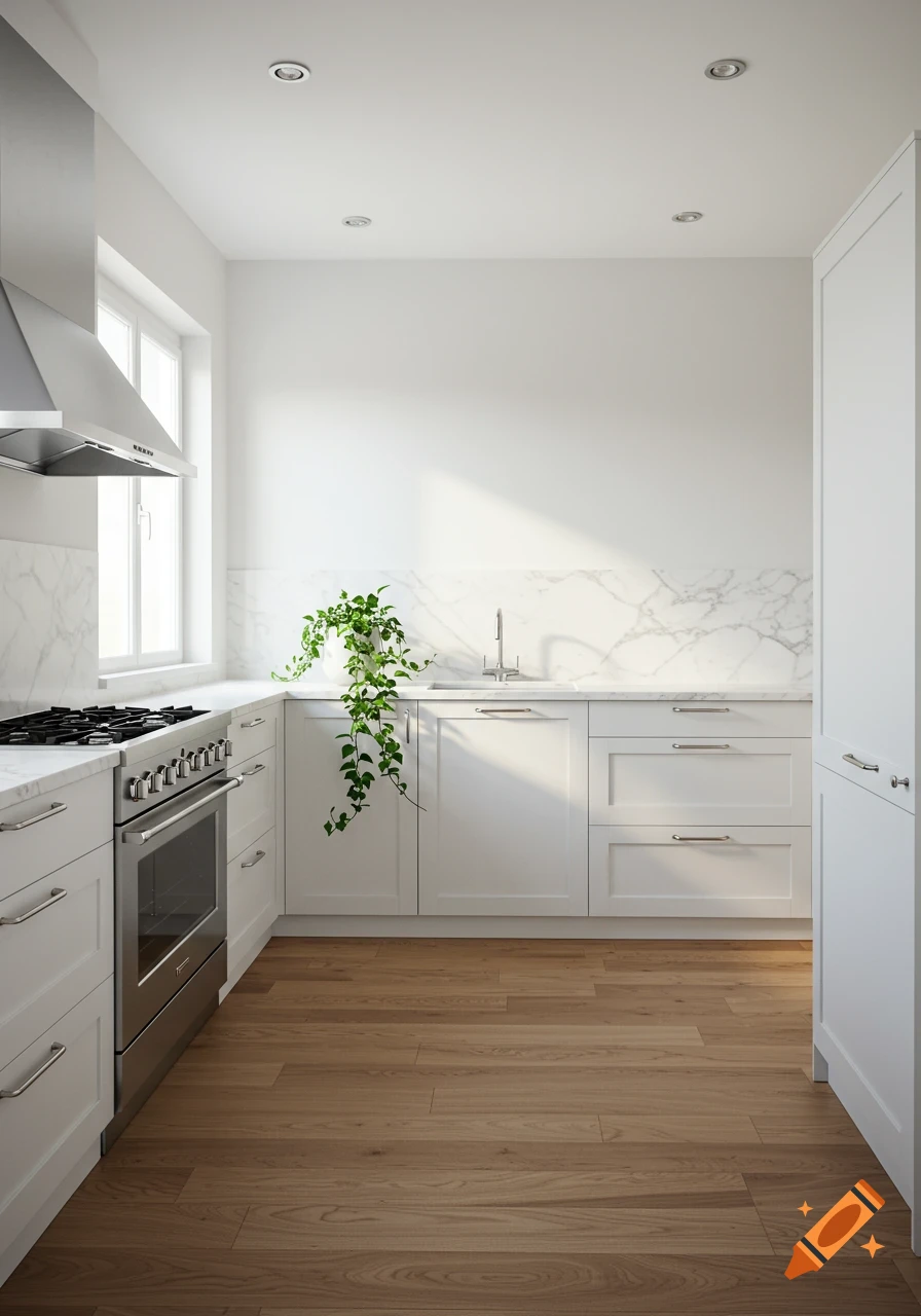 A clean, modern kitchen with white cabinetry, marble backsplash ...