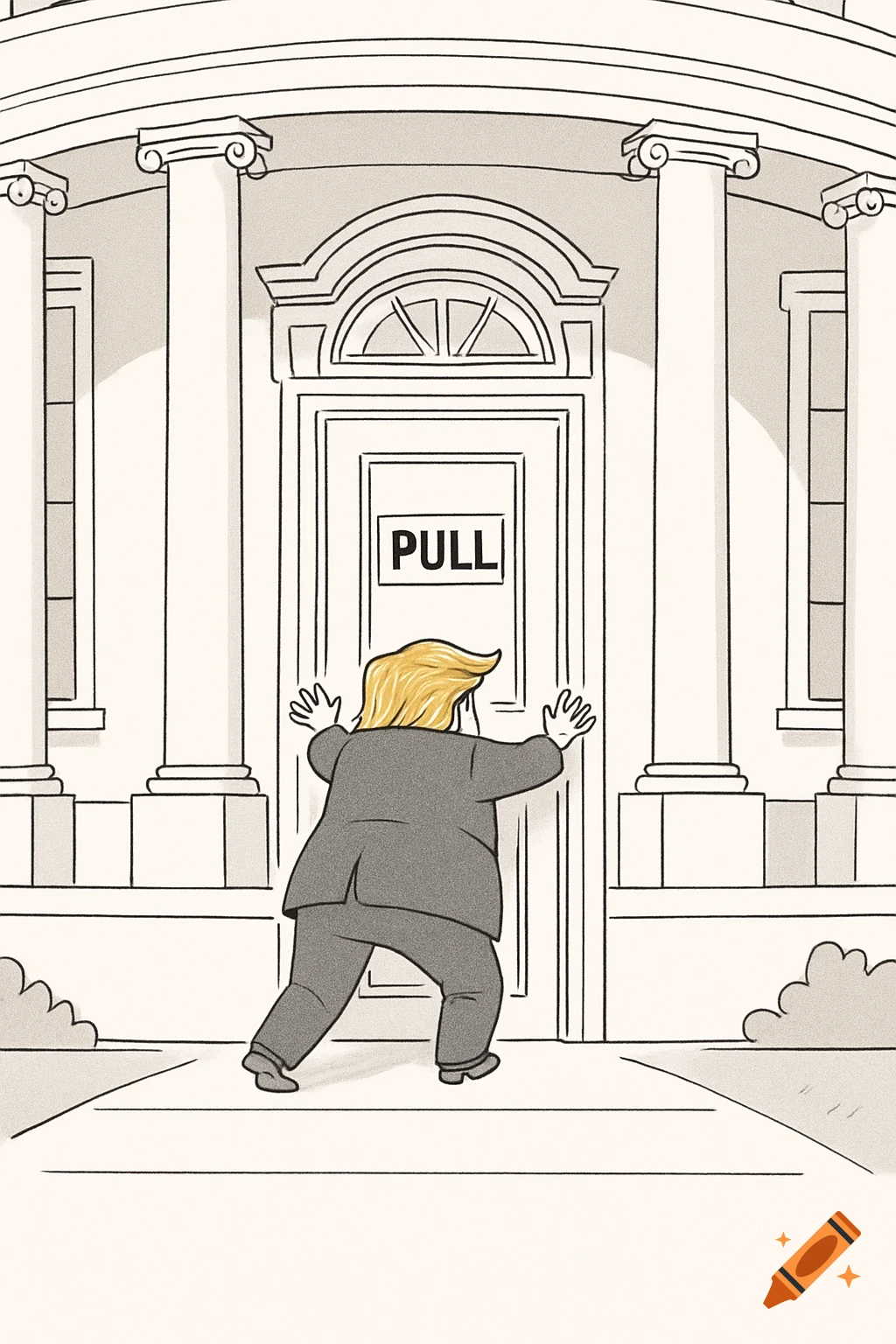 A political cartoon in a clean line art style shows a Trump-like figure ...