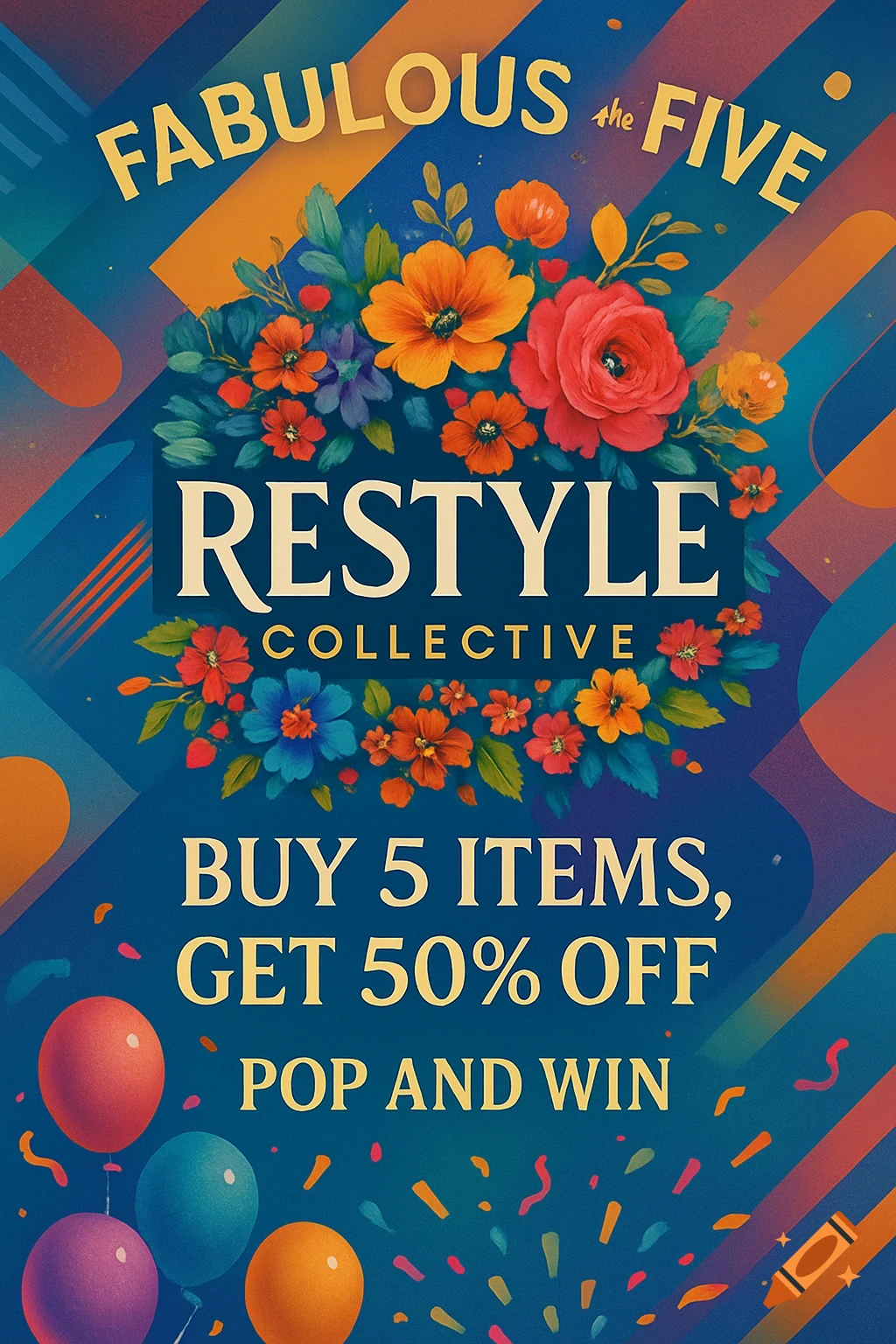 Colorful promotional poster with floral designs, balloons, and text ...