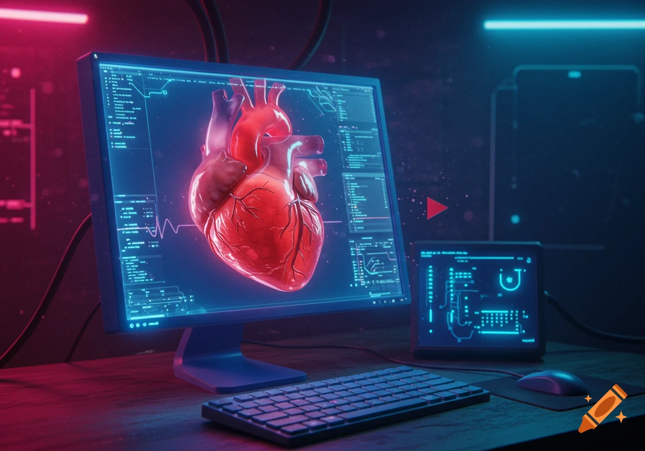 3D rendered human heart displayed on a glowing computer screen in a dark, neon-lit, futuristic ...