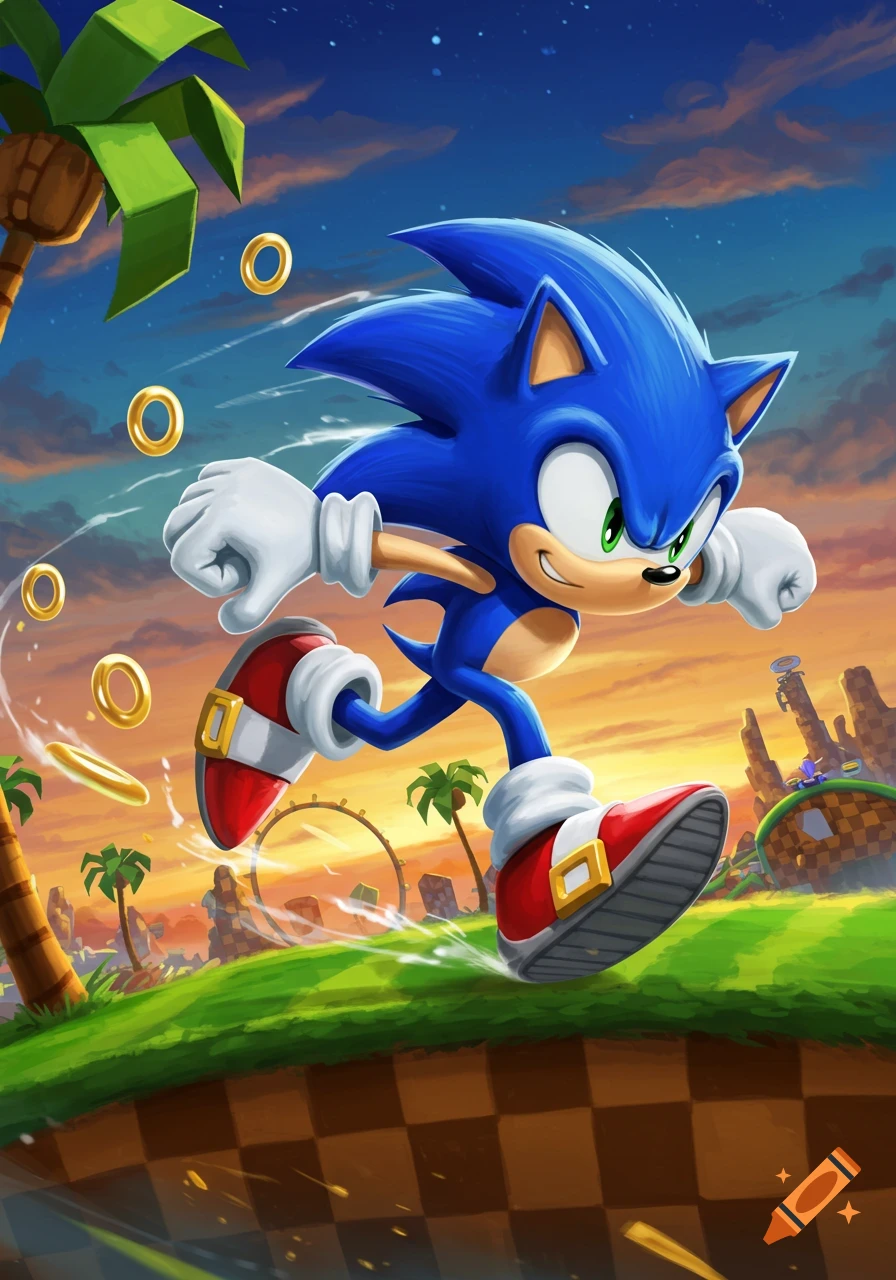 Sonic the Hedgehog jumps across a green hill zone with loops and palm trees, collecting golden ...